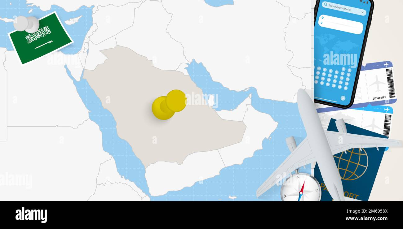 Travel to Saudi Arabia concept, map with pin on map of Saudi Arabia ...