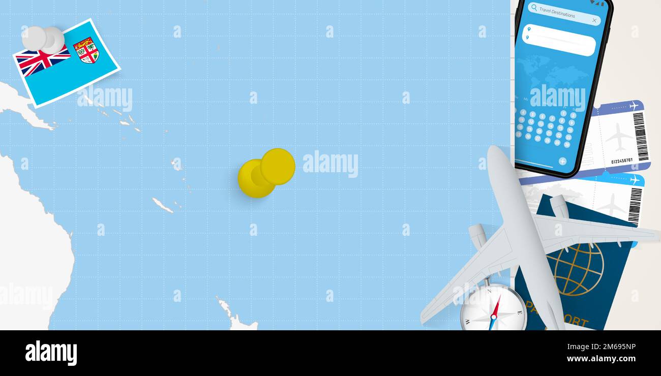 Travel to Fiji concept, map with pin on map of Fiji. Vacation preparation map, flag, passport ...