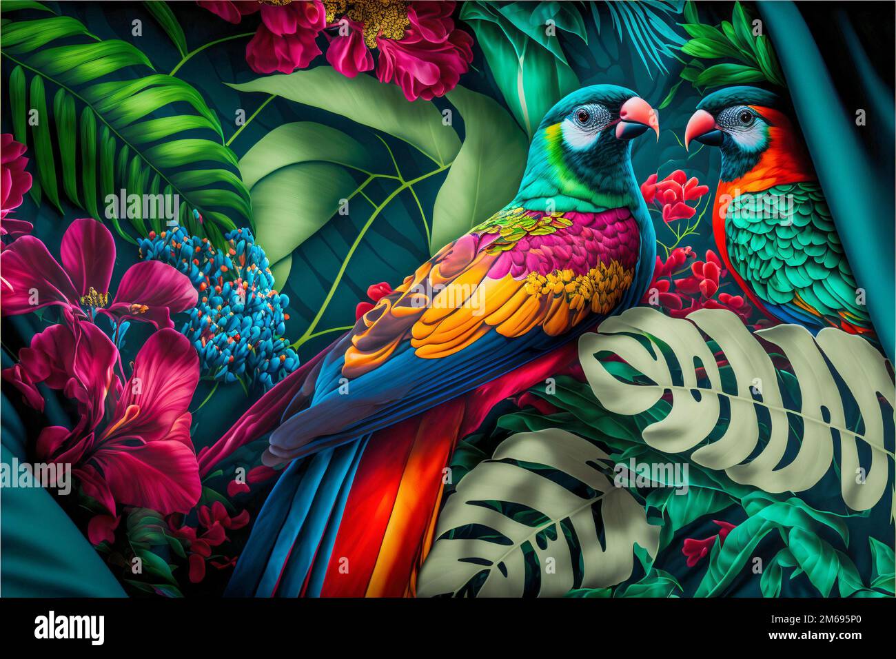 3d digital art. Drawing colorful wallpaper. tropical forest, multicolor ...