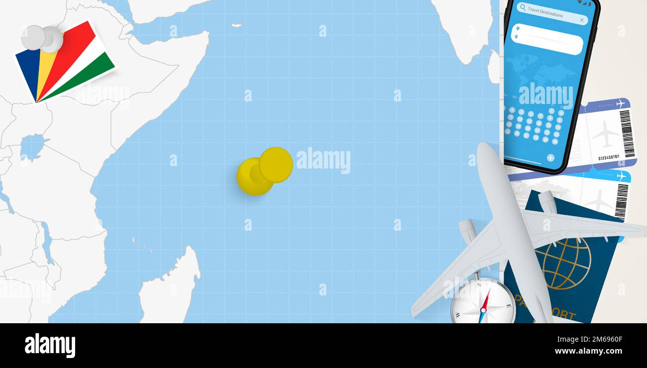 Travel to Seychelles concept, map with pin on map of Seychelles. Vacation preparation map, flag ...