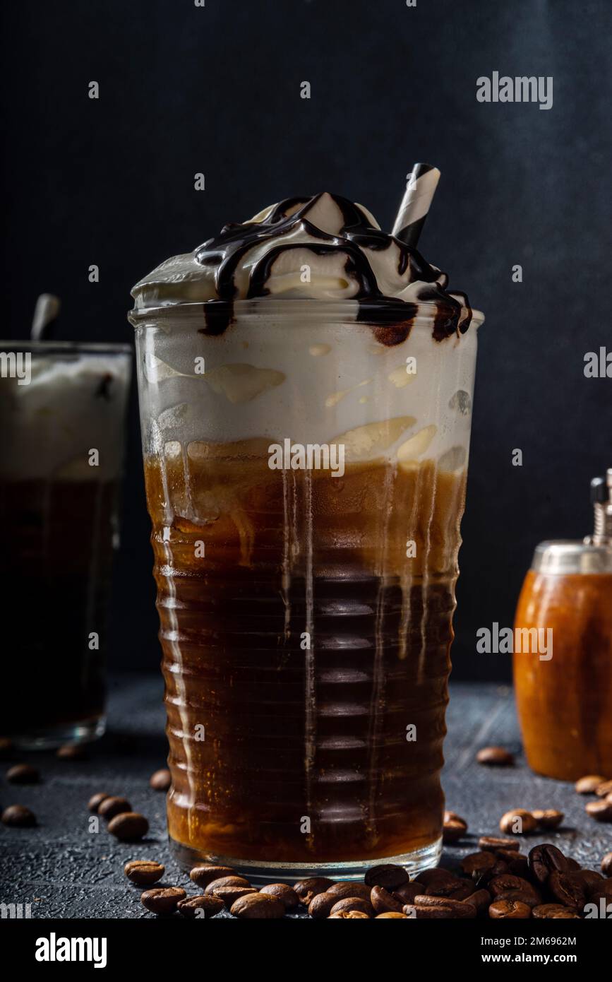 Cold coffee drink frappe (frappuccino), with whipped cream and ...