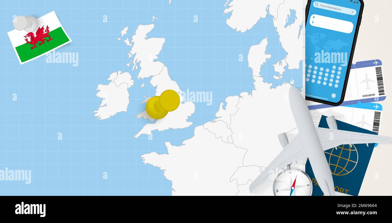 Travel to Wales concept, map with pin on map of Wales. Vacation preparation map, flag, passport ...