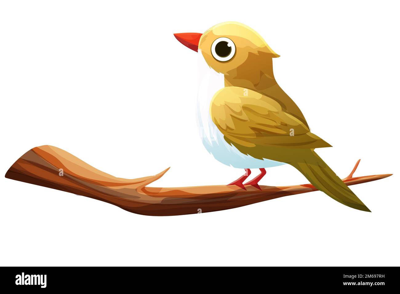 Yellow canary bird sitting on branch with wings and tail cute character ...