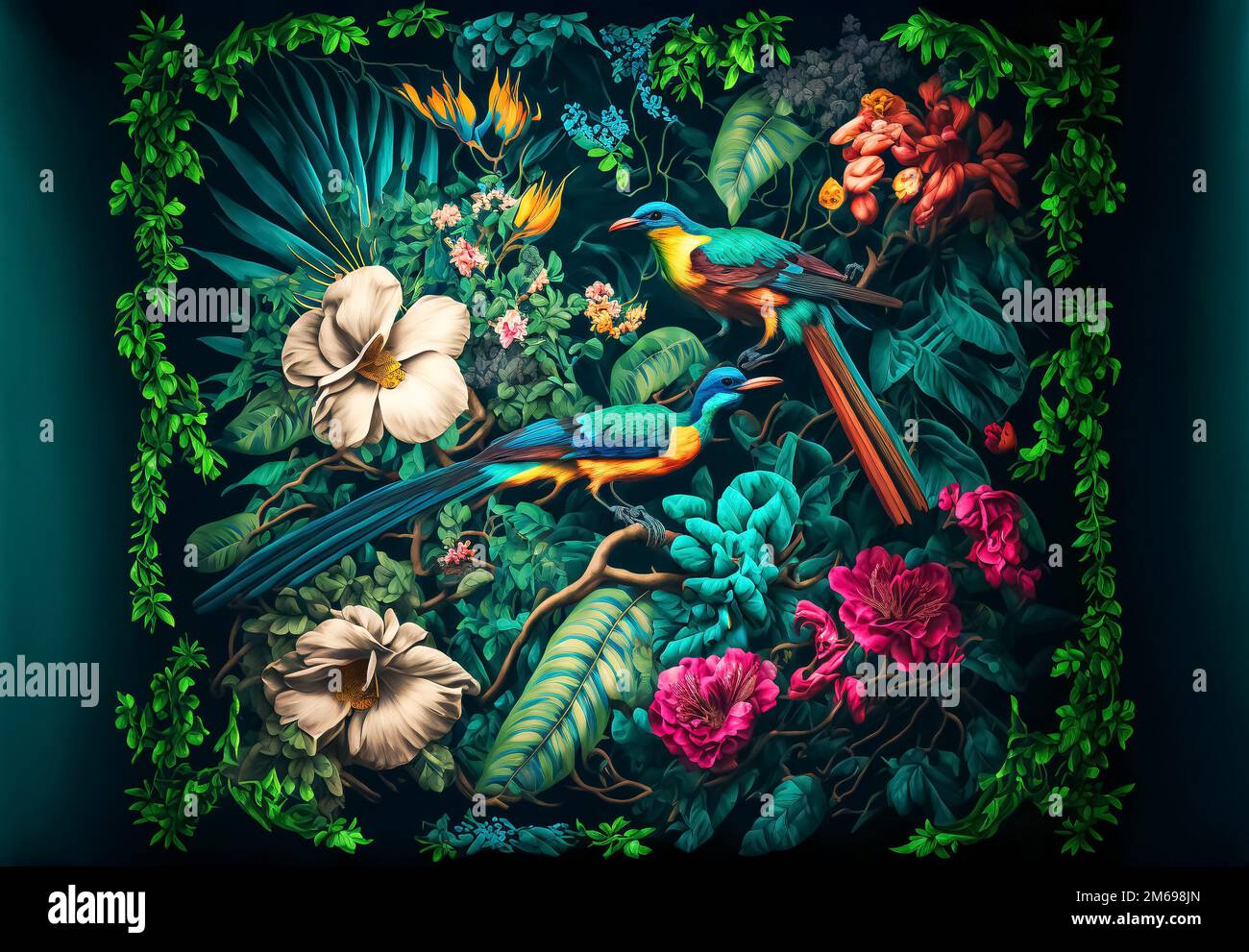 3d digital art. Drawing colorful wallpaper. tropical forest, multicolor ...