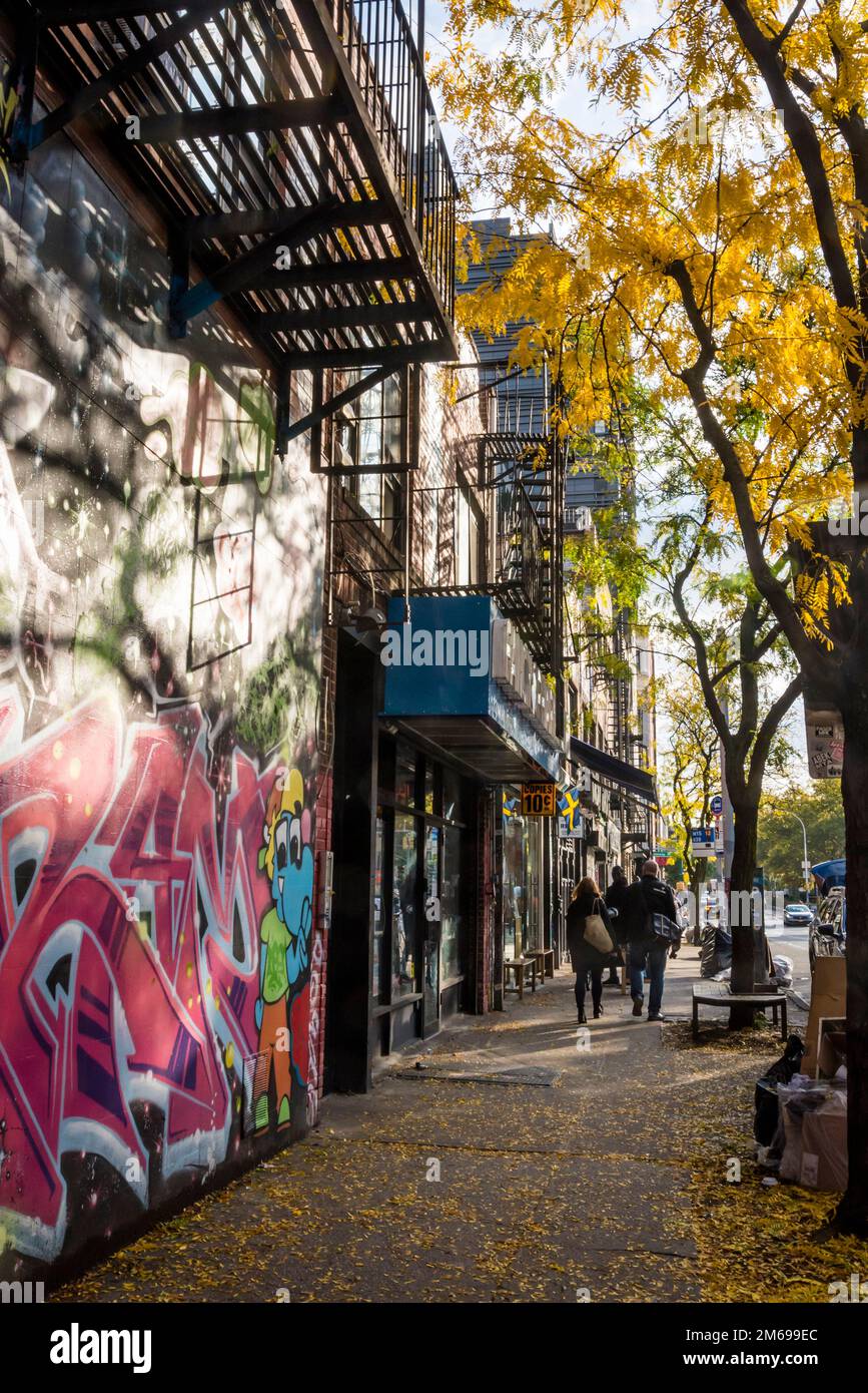 Colourful street in The Bowery, a historic neighbourhood in the Lower ...