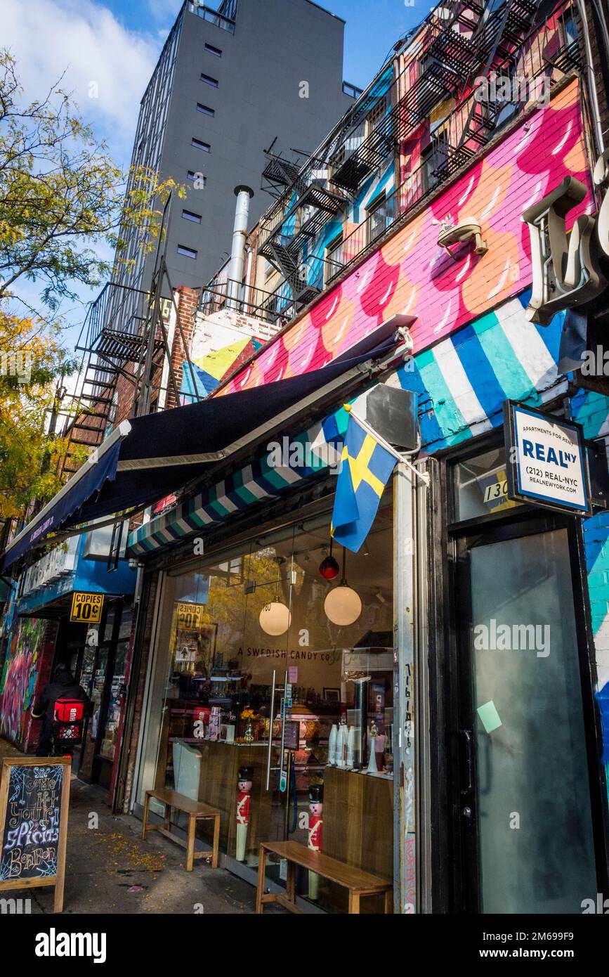 Colourful street in The Bowery, a historic neighbourhood in the Lower ...