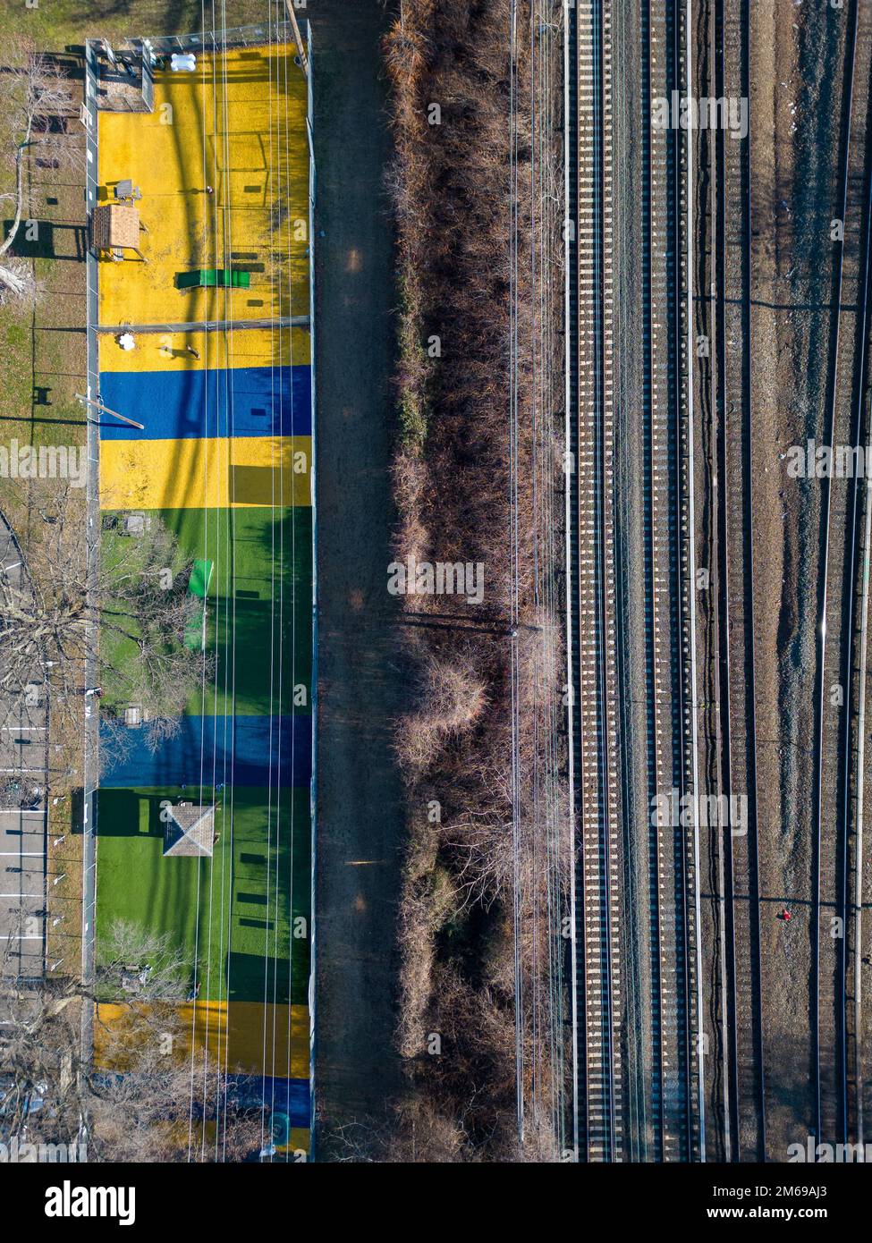 An aerial view of railroads with buildings Stock Photo - Alamy