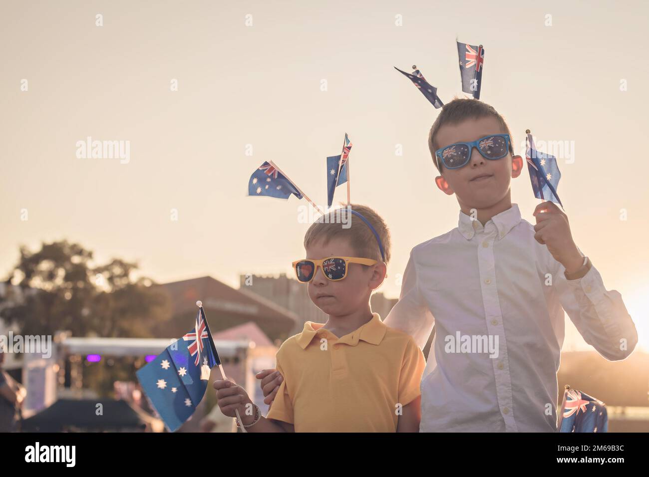 Two Australian kids celebrating Australia Day in Adelaide city Stock ...