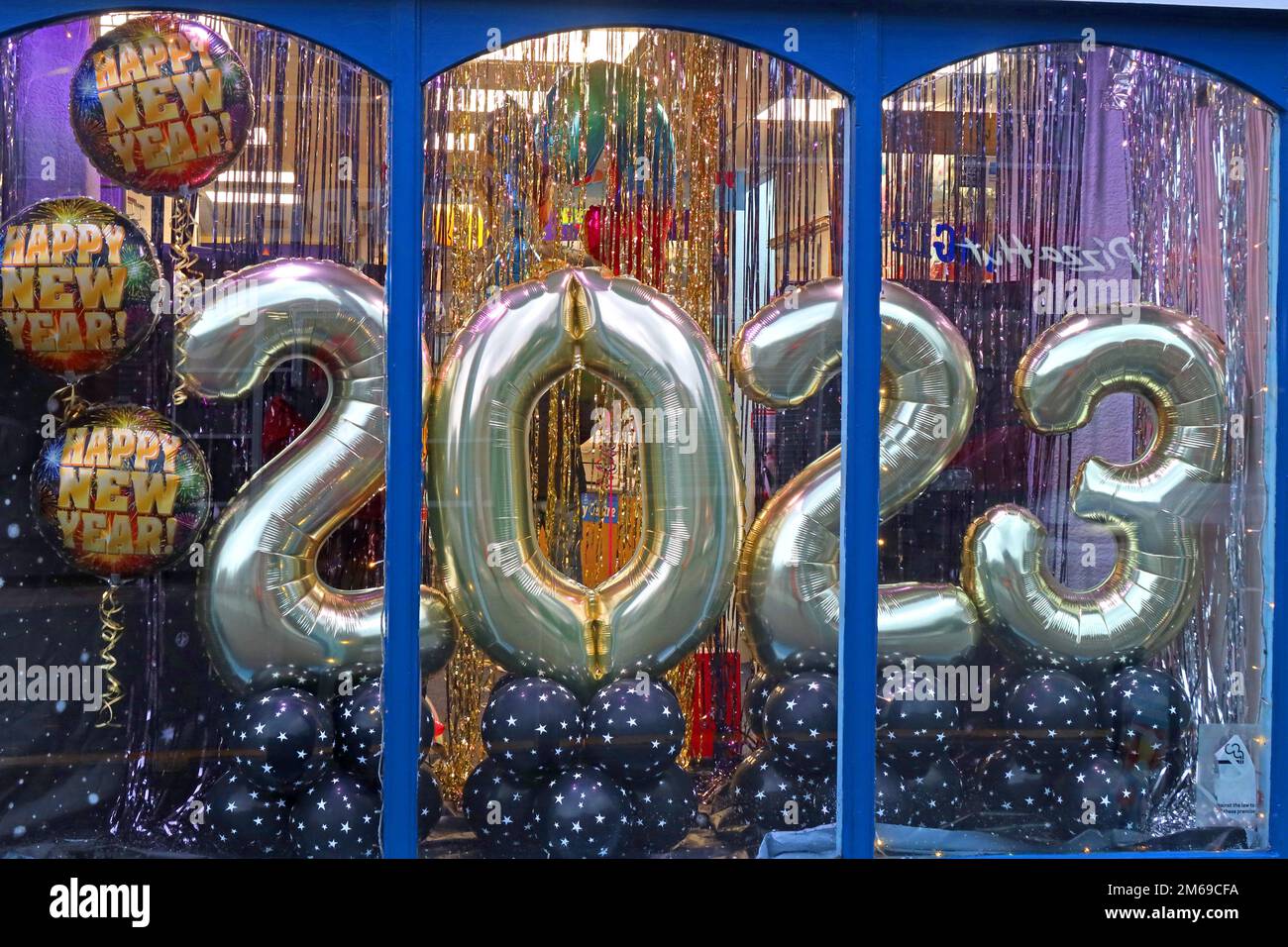 Happy New Year 2023, balloons in a shop window, 753 Knutsford Road ...