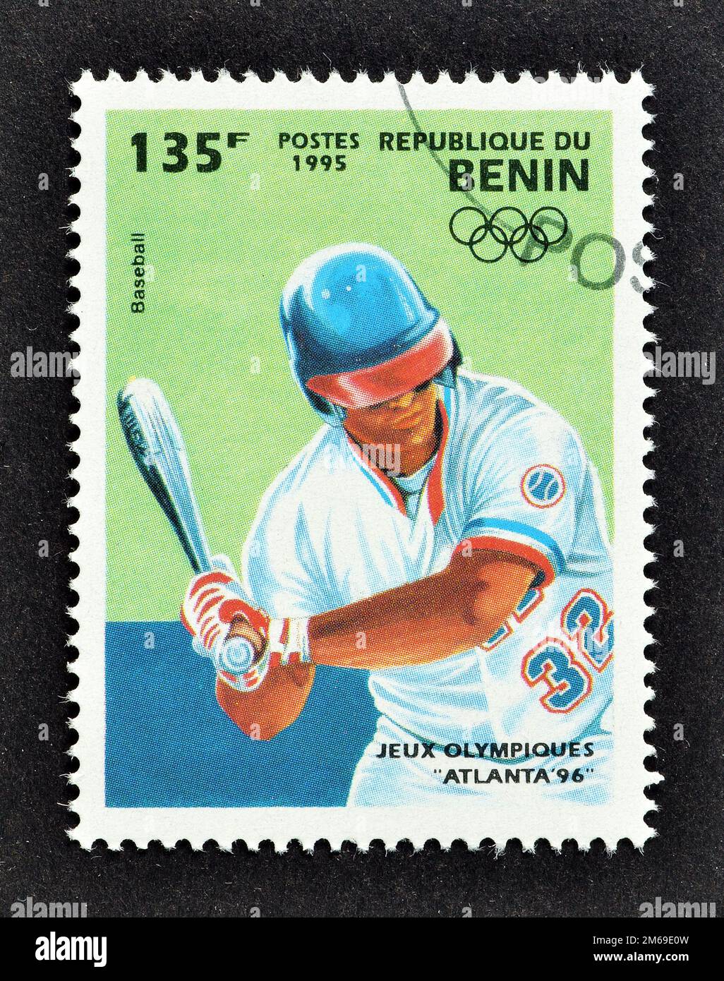 Cancelled postage stamp printed by Benin, that shows Baseball, Summer ...