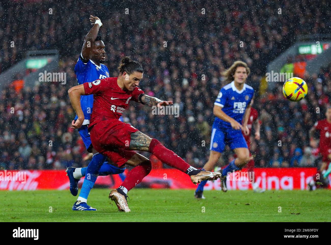 Liverpool's Darwin Nunez has a shot during the Premier League match at ...