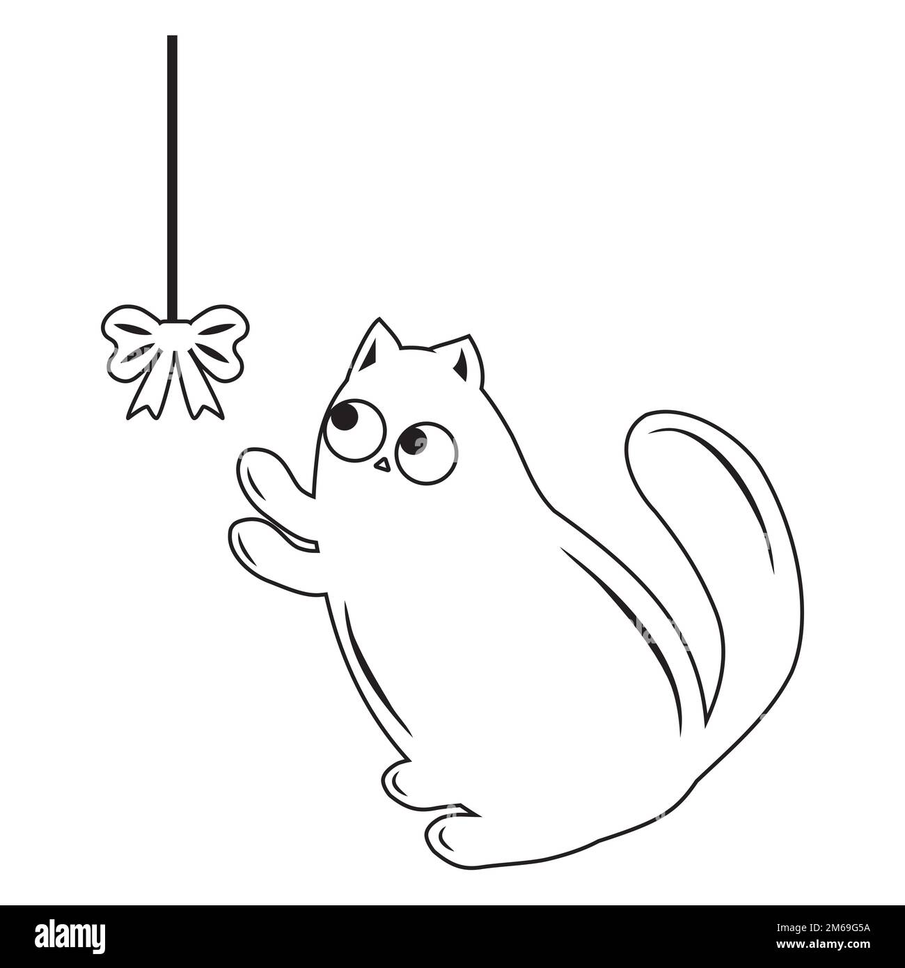 Cute cat playing bow on a rope, black outline, vector illustration in ...