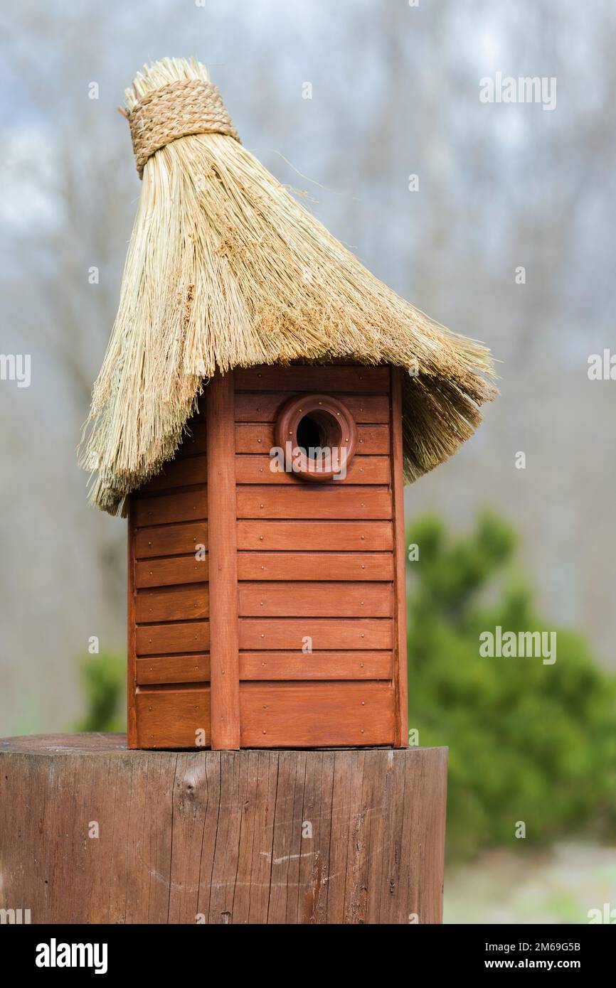 Nesting box. Wooden nest box handmade with thatched roof. Wooden house ...
