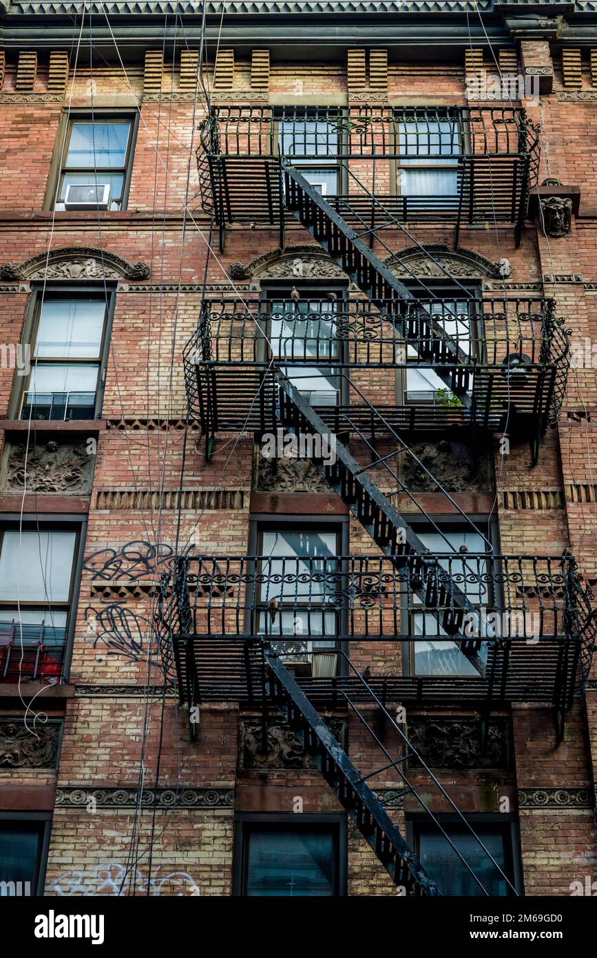 Historical buildings with fire escape stairs, The Bowery, a historic ...