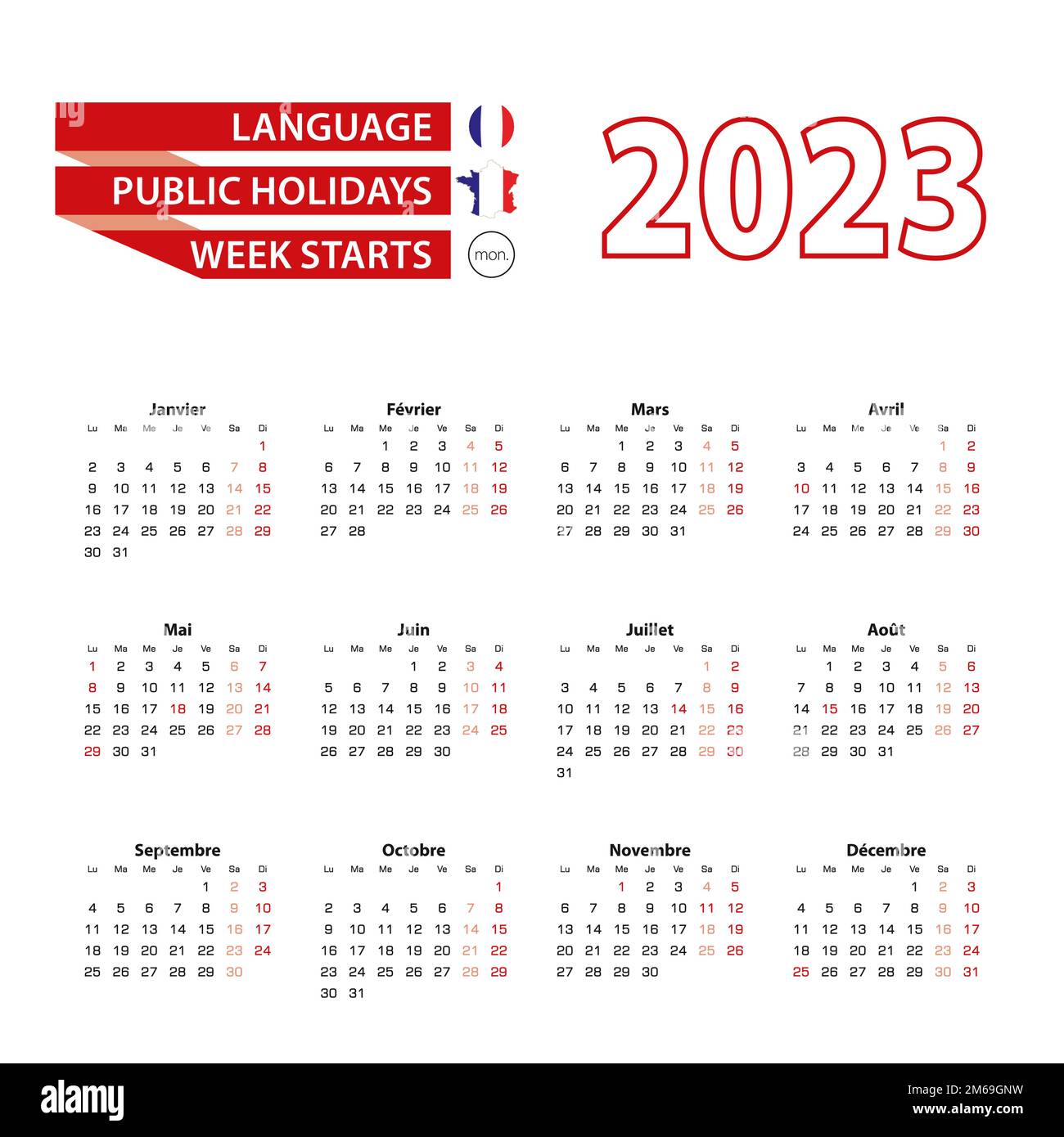 Calendar 2023 in French language with public holidays the country of ...