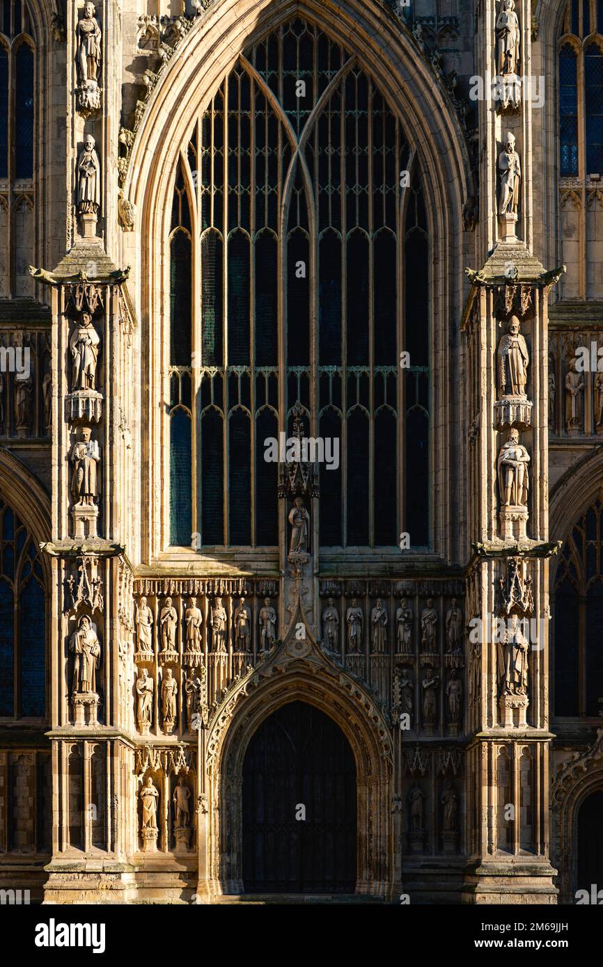 Beautiful west wing of Beverley Minster with large stained glass window ...