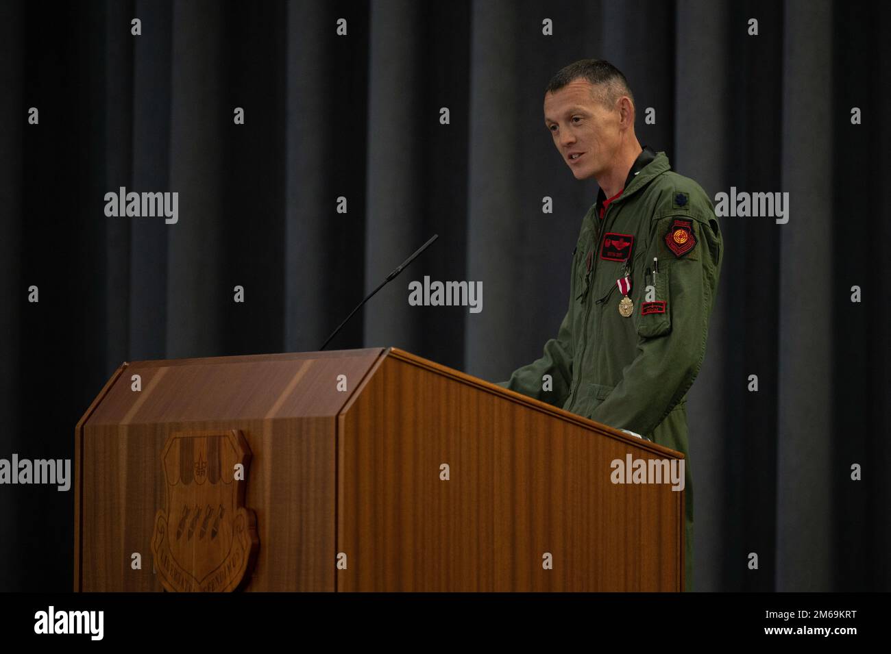 Lt. Col. Christopher Duff, outgoing 96th Bomb Squadron commander, makes ...