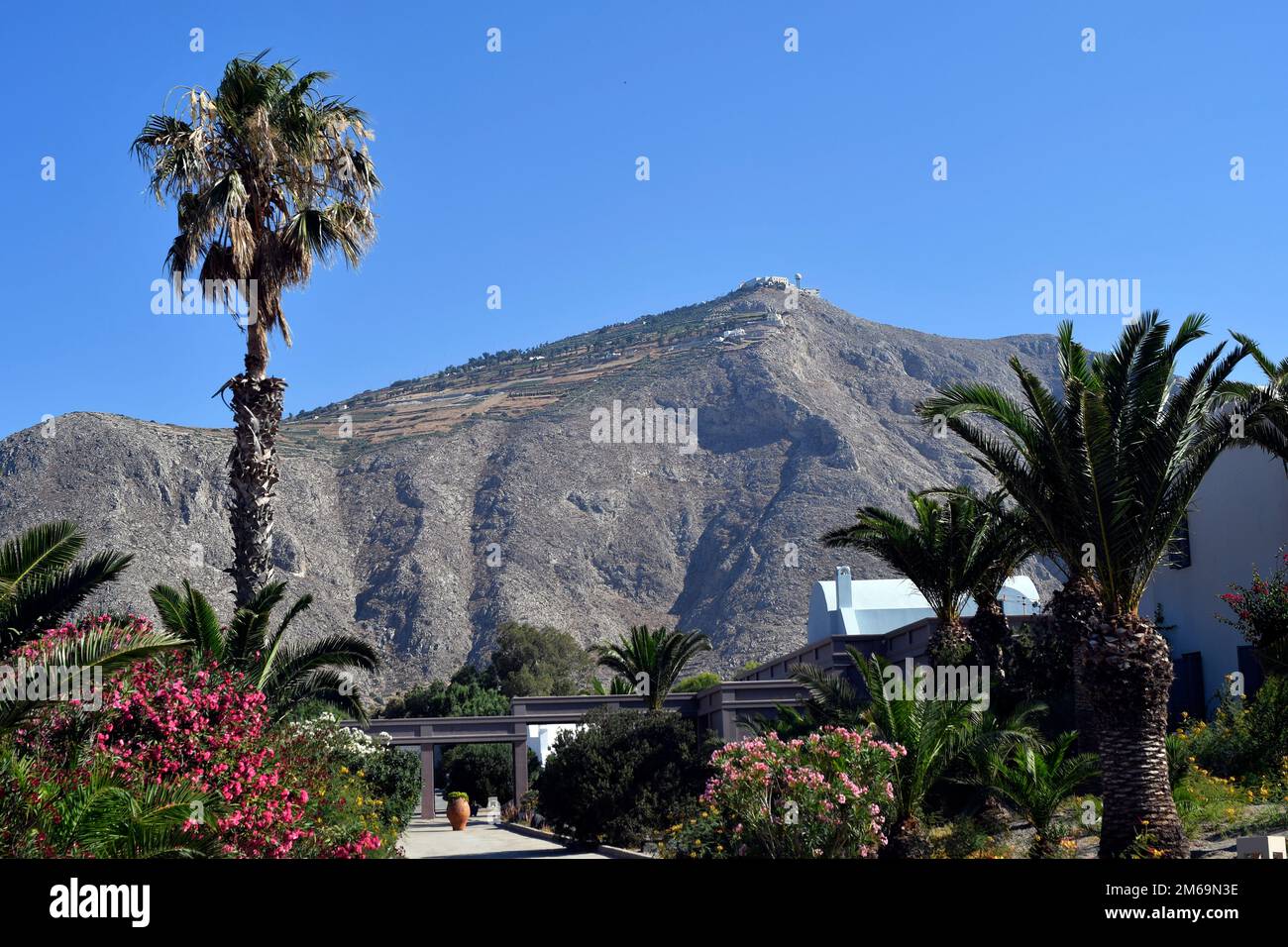 Greece, Santorini Island, landscape in Perissa village with hill and ...