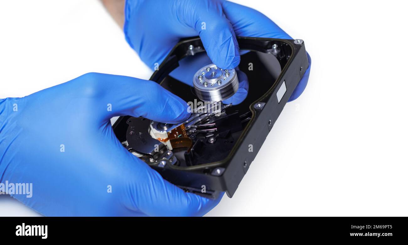 Repair Hard disk. Hands of master in gloves repair the computer hard ...