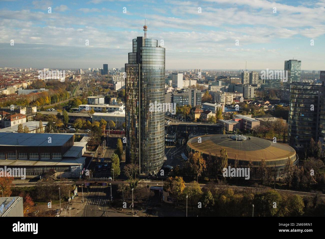 Aerial photo of Cibona Tower at Drazen Petrovic Square in Zagreb ...