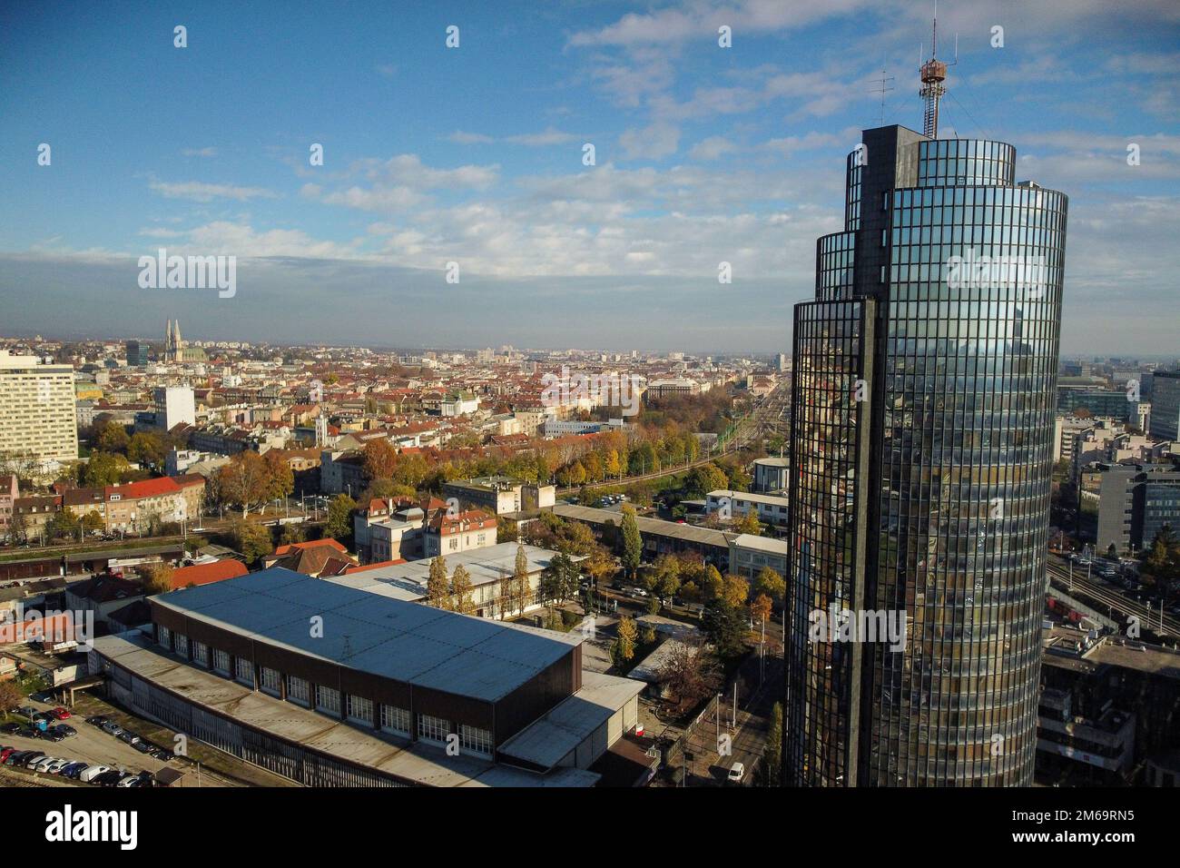 Aerial photo of Cibona Tower at Drazen Petrovic Square in Zagreb ...
