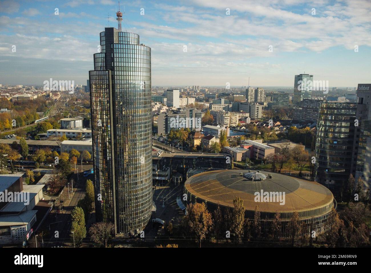Aerial photo of Cibona Tower at Drazen Petrovic Square in Zagreb ...