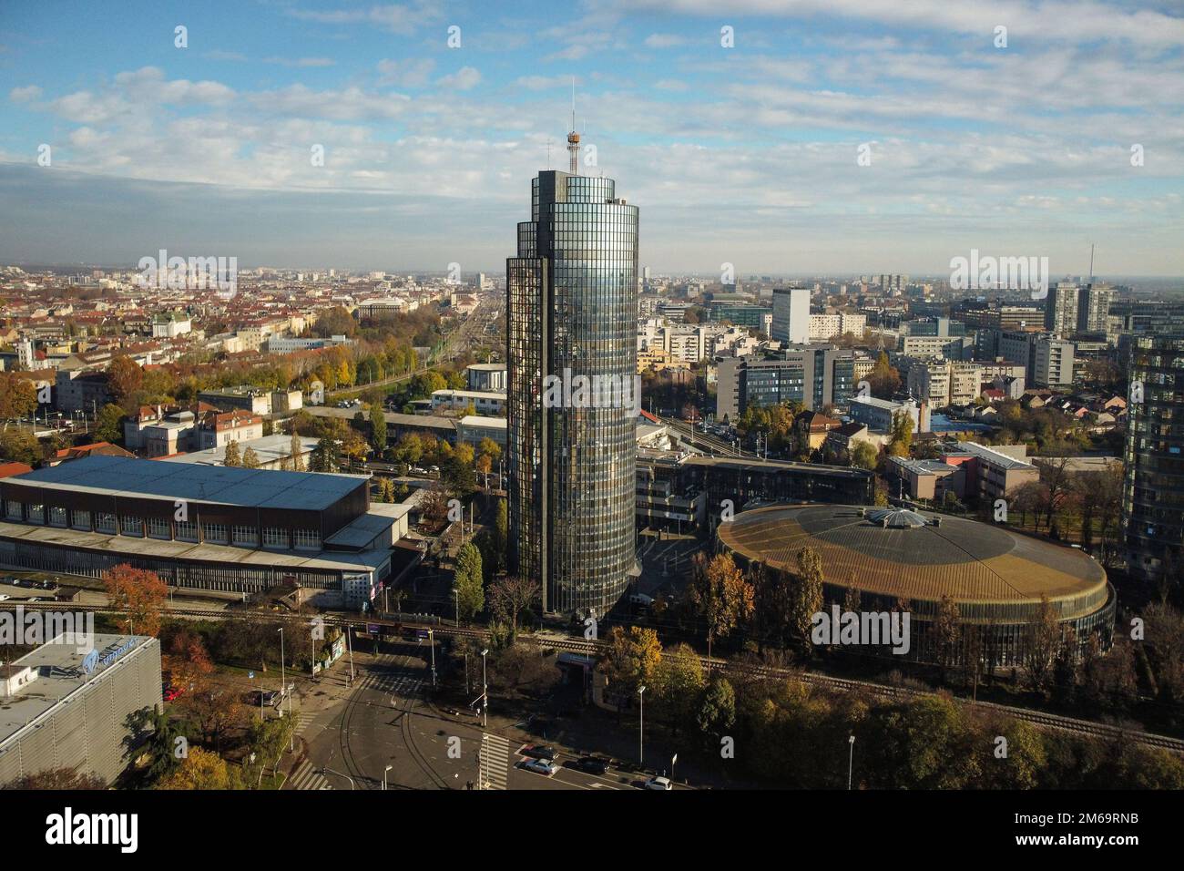 Aerial photo of Cibona Tower at Drazen Petrovic Square in Zagreb ...
