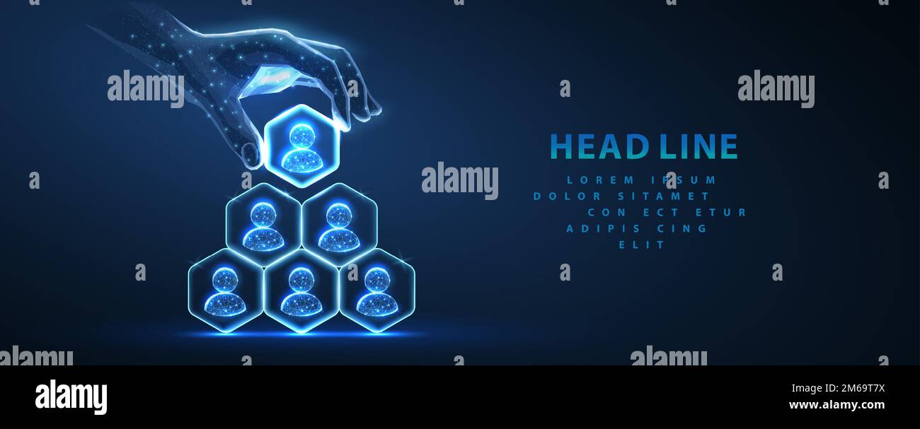 HR manage. Abstract 3d human hand hold leader icon in hexagon on top of ...