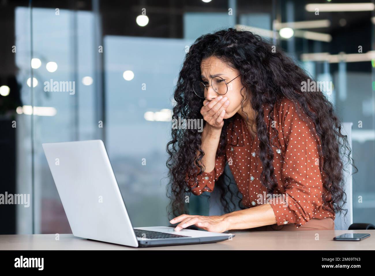 Businesswoman has severe nausea, latin american woman at work sick ...