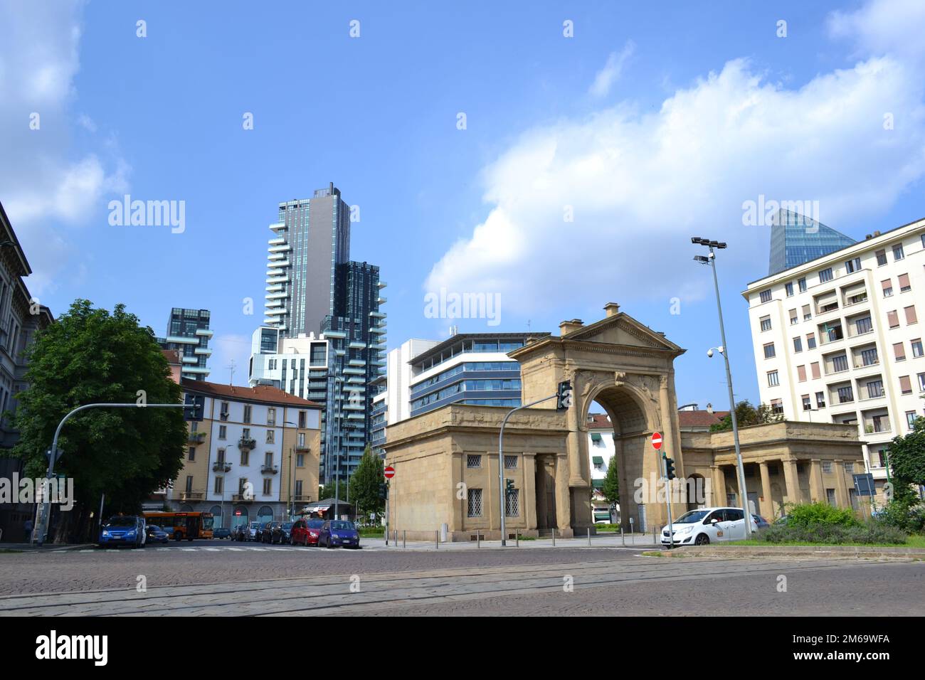 The gate of Milan - the Porta Nuova - a triumphal arch in yellow ...