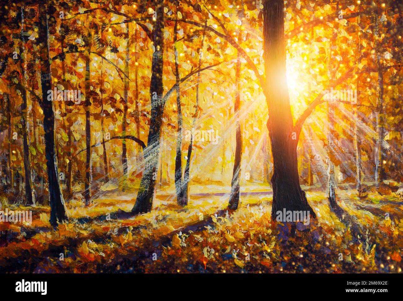 Autumn forest landscape oil painting with sun rays and colorful autumn ...