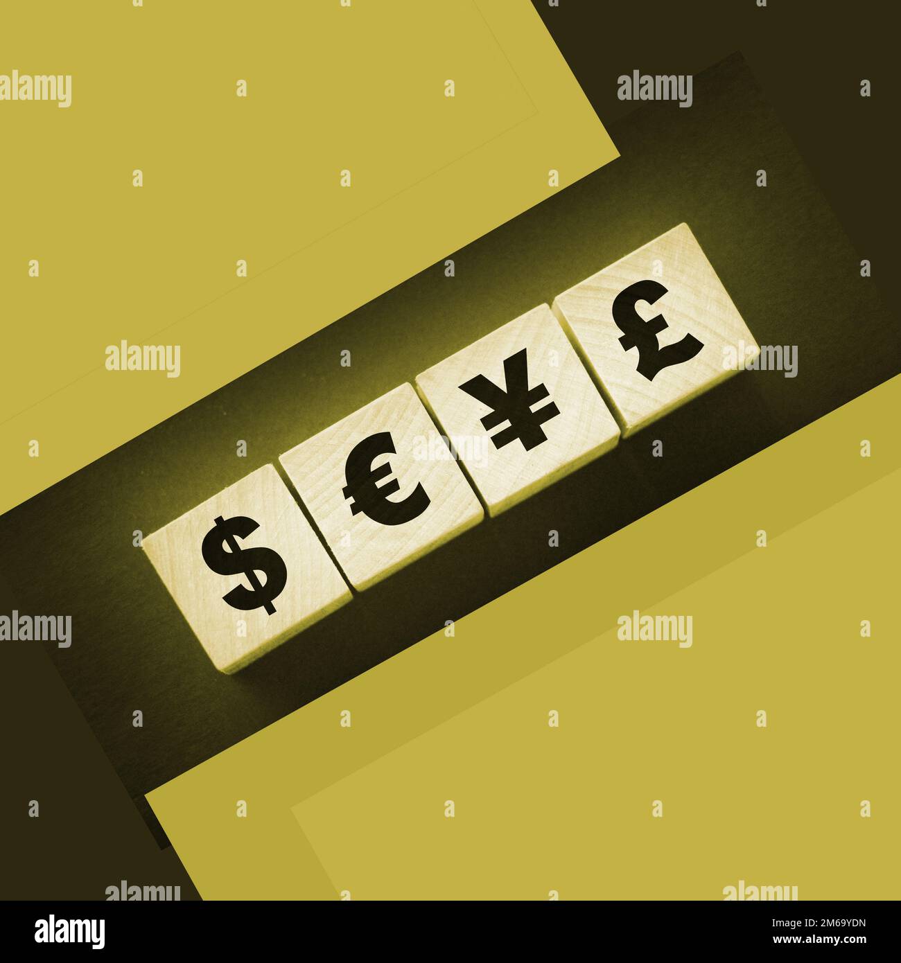 Dillar, euro, yen and pound on building blocks. wooden cubes with ...
