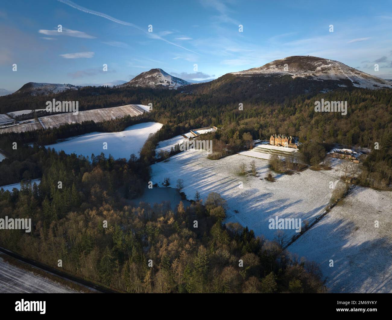 Aerial view of Eildon Hall residence of the Earl of Dalkeith nestling ...