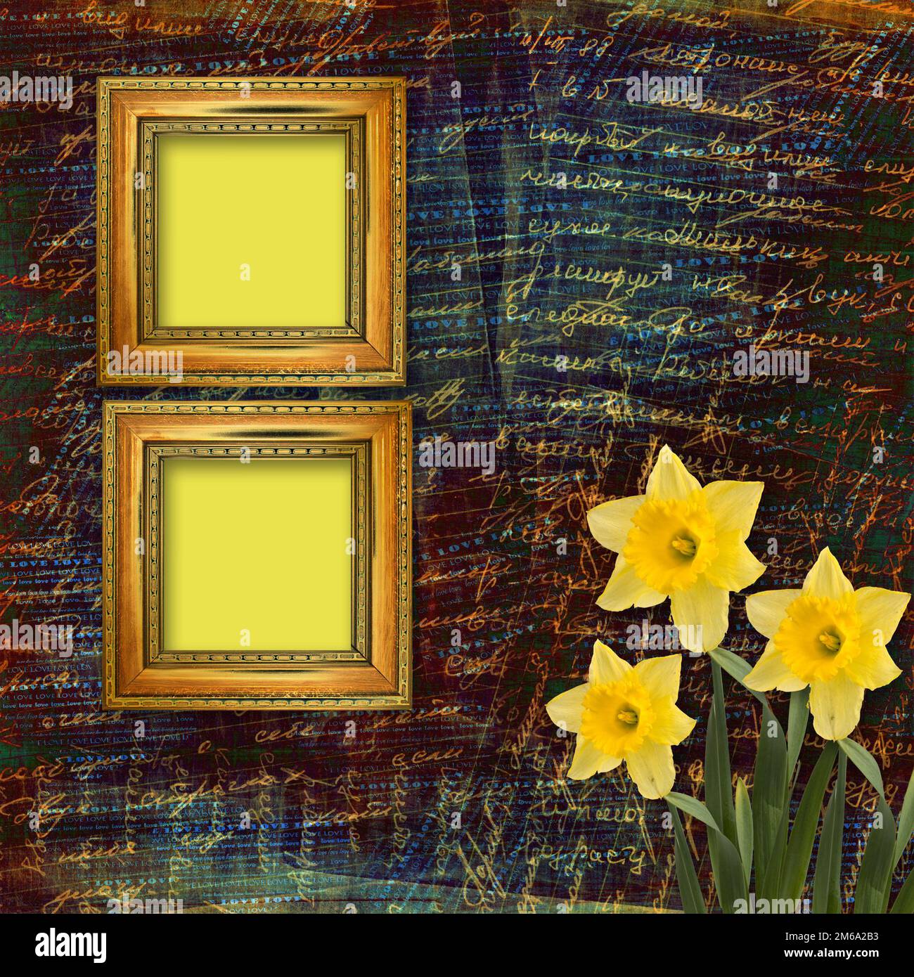 Old wooden frame for photo with bunch of flower Stock Photo - Alamy