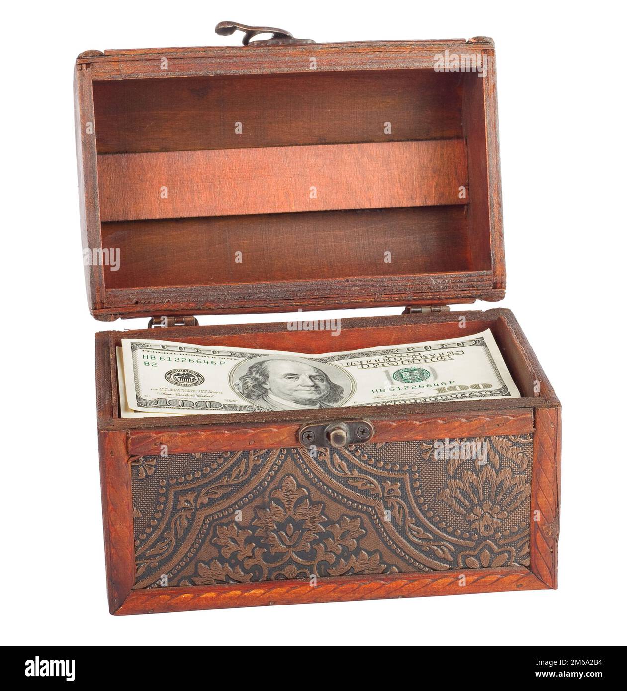 Wooden chest with dollars isolated on white background Stock Photo - Alamy