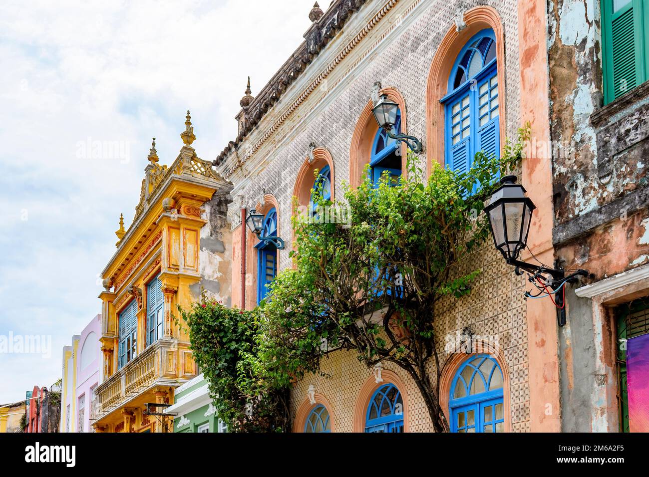 Facade of old colorful houses in the Pelourinho neighborhood in the ...