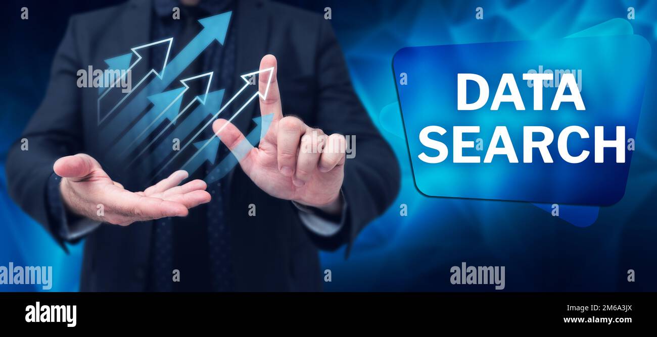 Sign displaying Data Search. Business showcase gathers and reports ...
