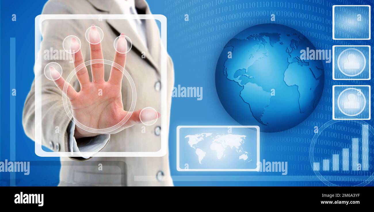 Hand touching fingerprint scanner in interface Stock Photo - Alamy
