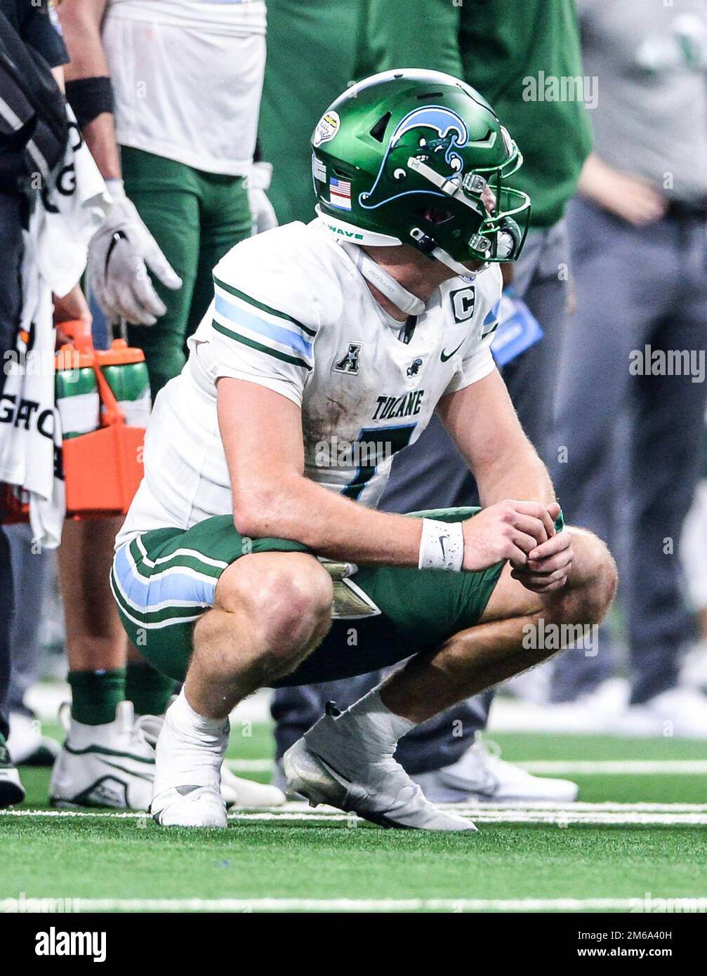 Arlington, Texas, USA. 2nd Jan, 2023. Tulane Green Wave quarterback MICHAEL PRATT (7) looks on ...