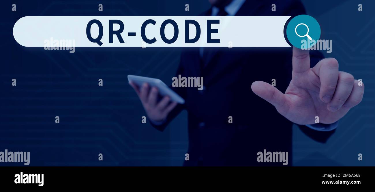 Hand writing sign Qr Code. Business showcase the trademark for a type of matrix barcode A ...