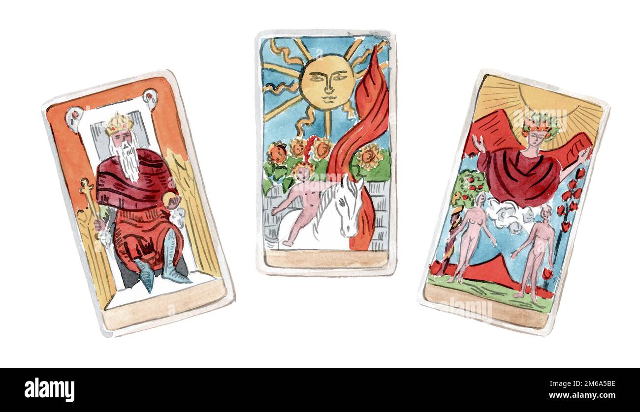 Tarot reader or fortune teller, tarot cards set. Hand drawn watercolor ...