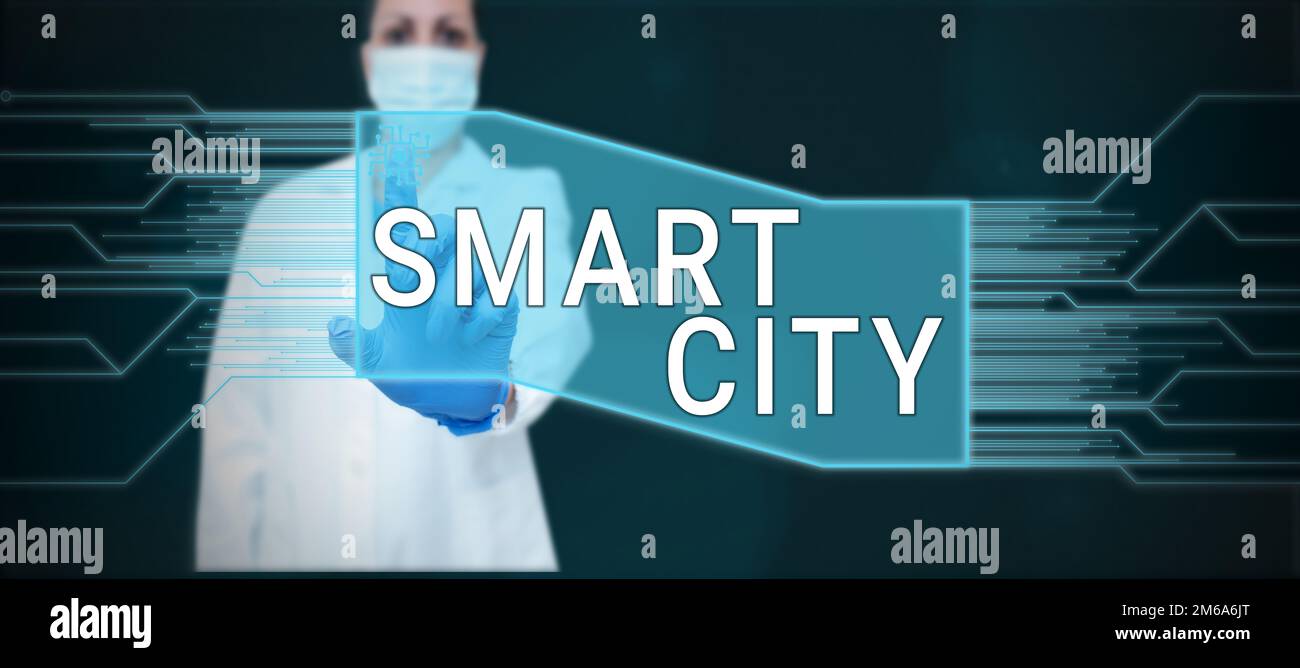 Sign displaying Smart City. Business idea urban area that uses ...