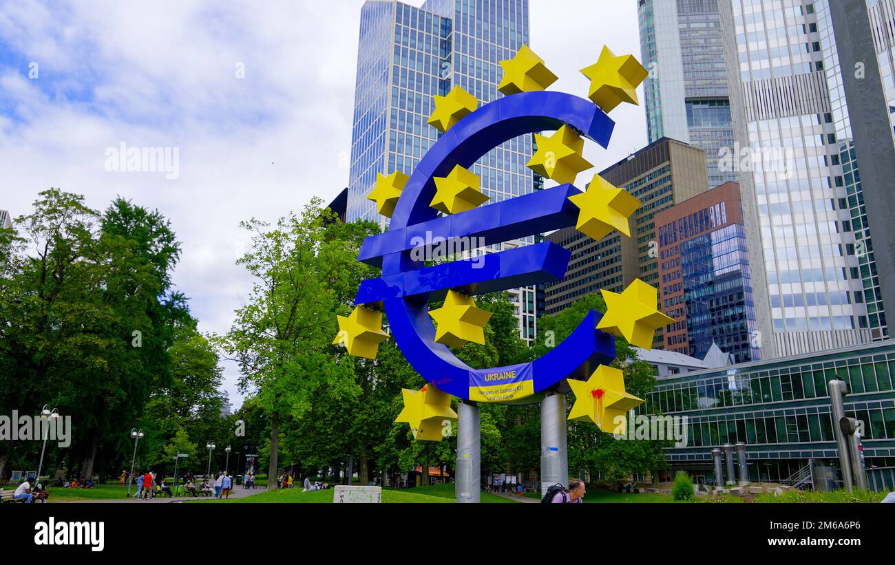 Giant Euro symbol at the Euro Tower in Frankfurt - FRANKFURT, GERMANY ...