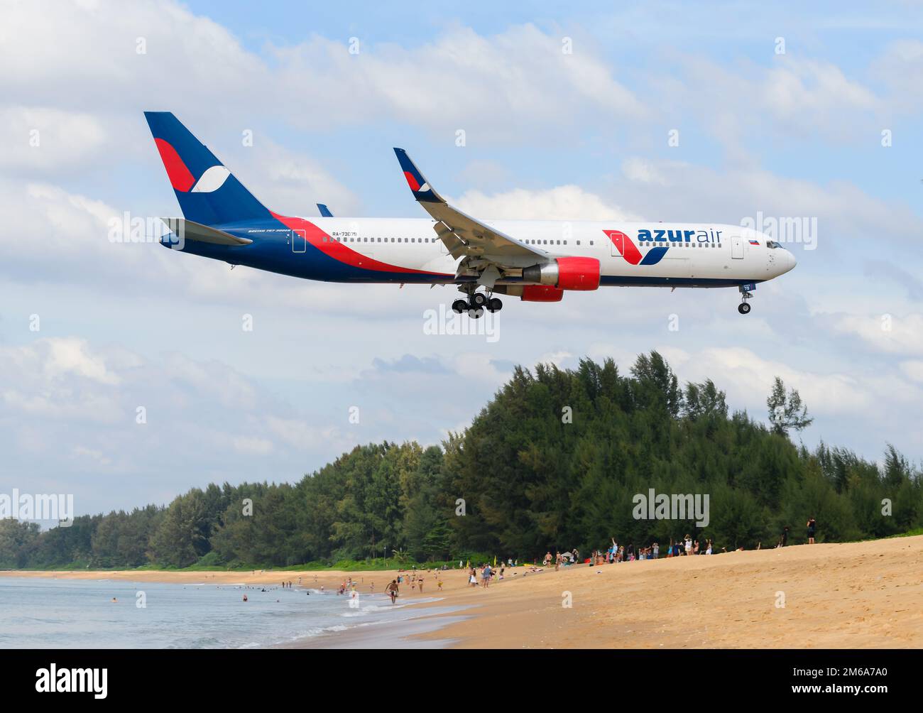 Azur Air Boeing 767 airplane over Phuket Airport Beach. Aircraft 767 ...