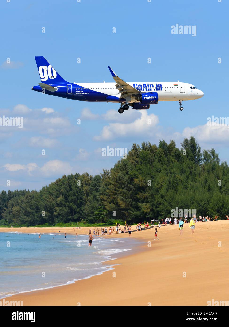 GoAir airline Airbus A320 aircraft over Mai Khao Beach. Airplane A320 ...