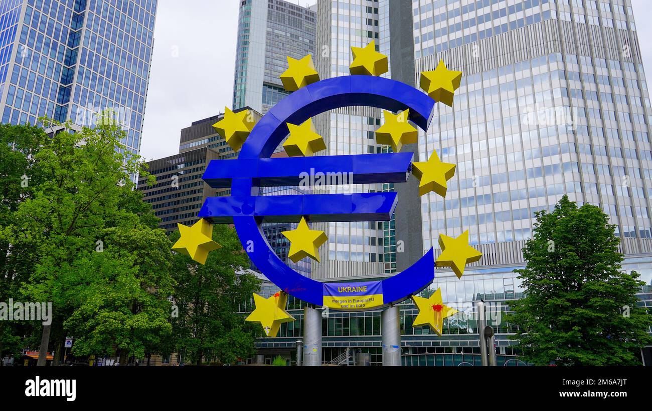 Giant Euro symbol at the Euro Tower in Frankfurt - FRANKFURT, GERMANY ...
