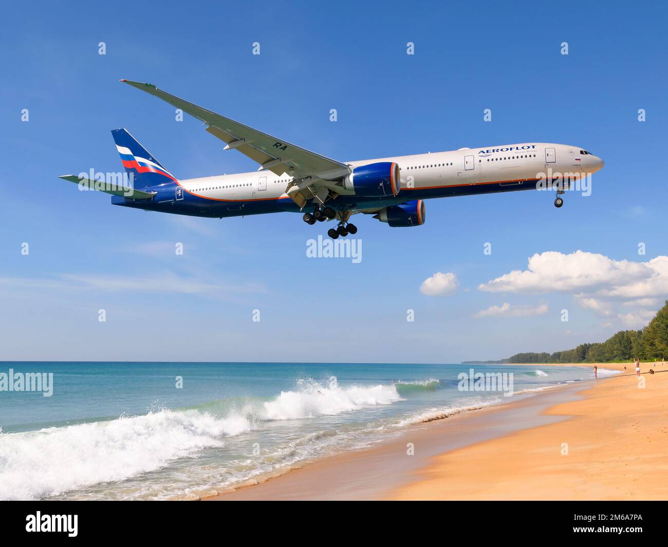 Aeroflot Boeing 777 aircraft over Mai Khao Beach near Phuket Airport ...