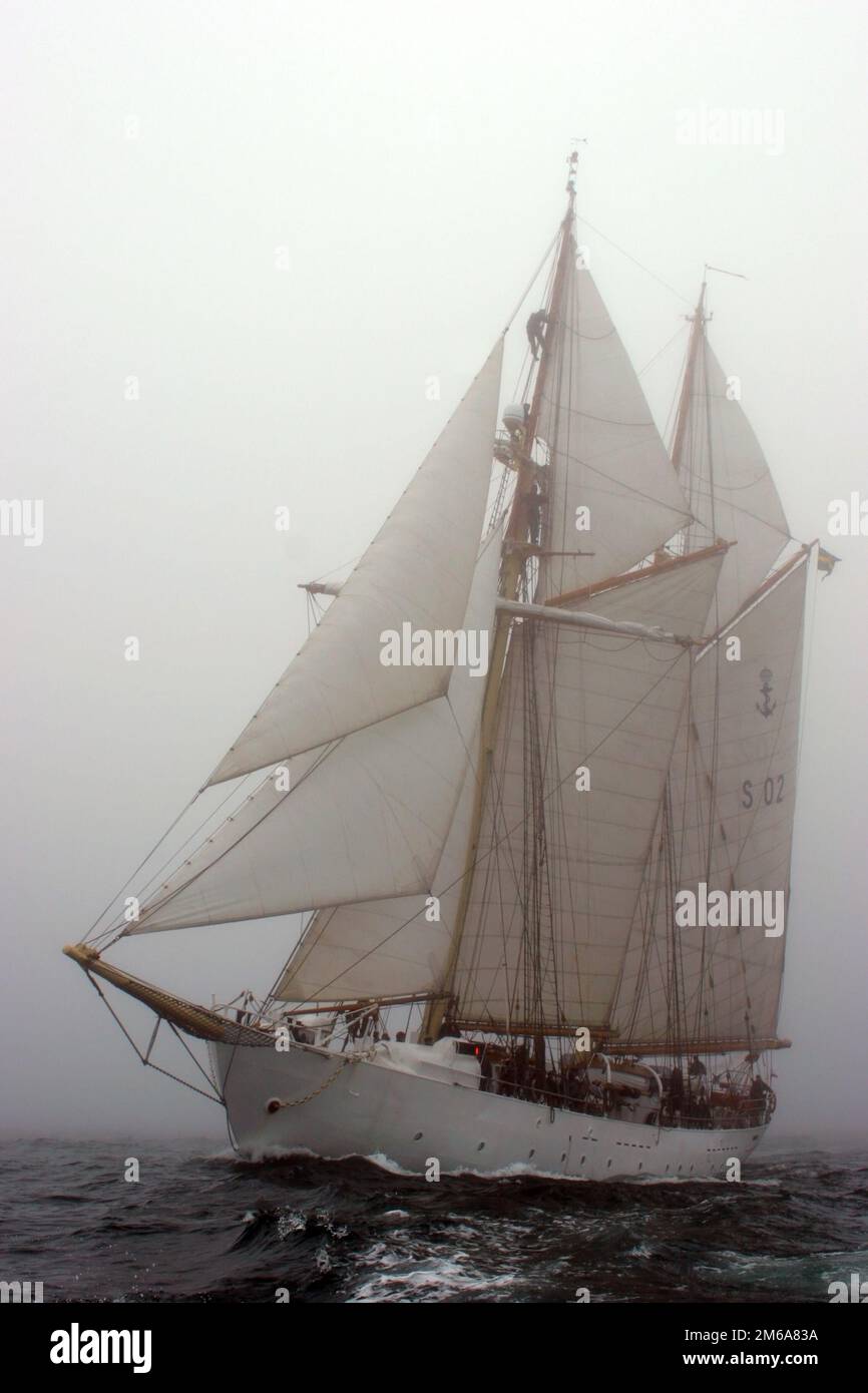 Swedish navy schooner Falken, race start Torbay in the fog, 2006 Stock ...