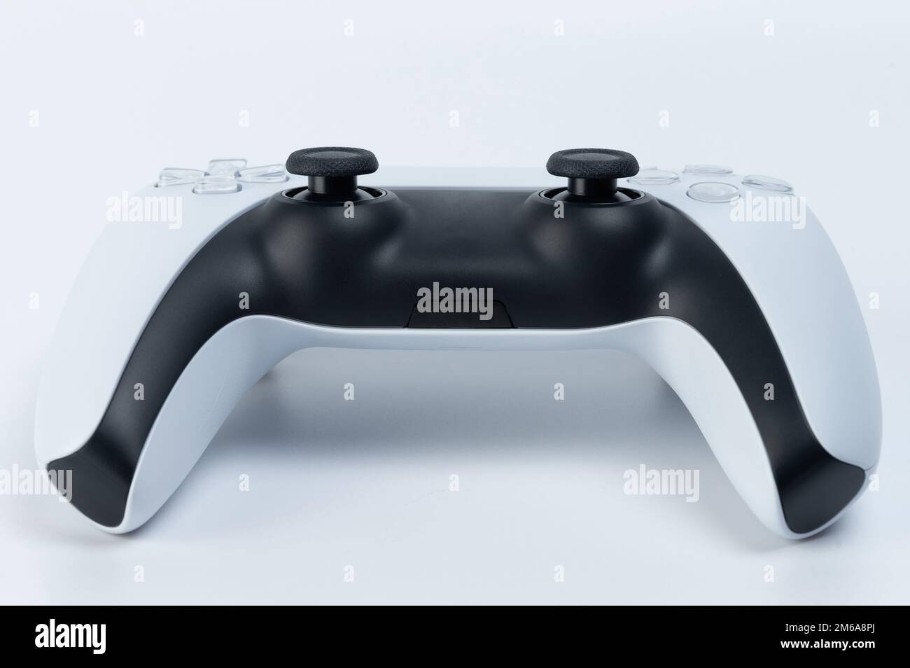 Black and white game joystick bottom view isolated on studio background ...