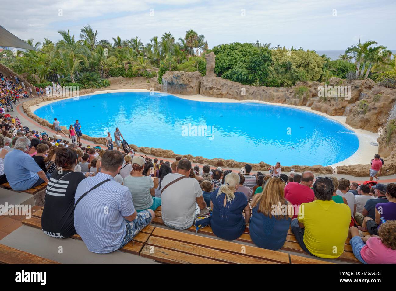 The audience are waiting for water show with dolphins in Loro Parque ...
